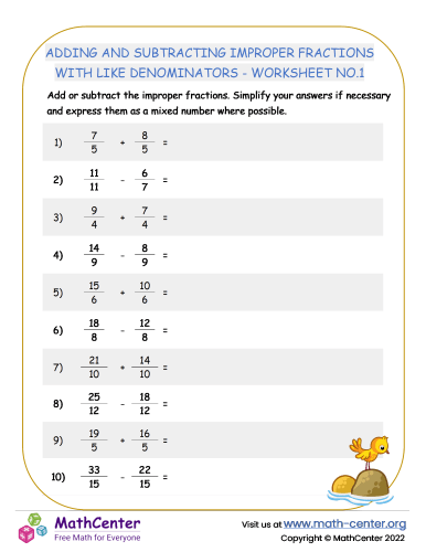 Adding And Subtracting Improper Fractions With Like Denominators