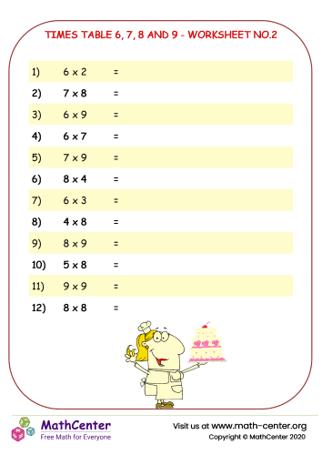Times table 6, 7, 8 and 9 - worksheet no.2 | Worksheets | Math Center