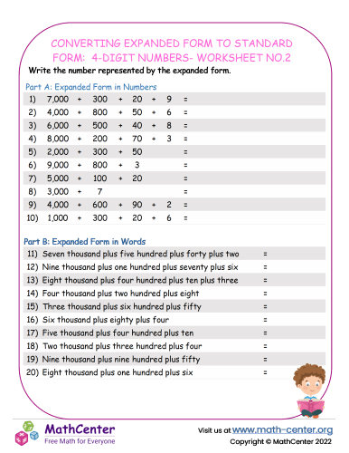 Converting Expanded Form To Standard Form 4 Digit Numbers Worksheet